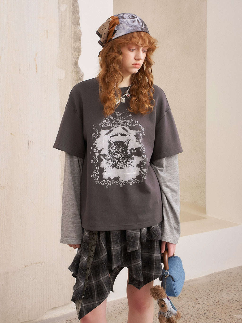 DIDDIMODA Angel Kitten Print Loose Fake Two-Piece Long-Sleeve T-Shirt – SENSPACE LONDON